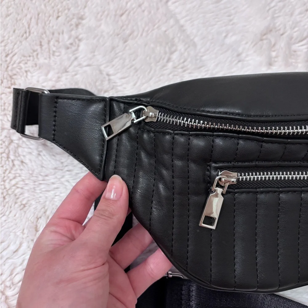 Bags | Black Quilted Belt Bag Minimal Crossbody Silver Zip Utility ...